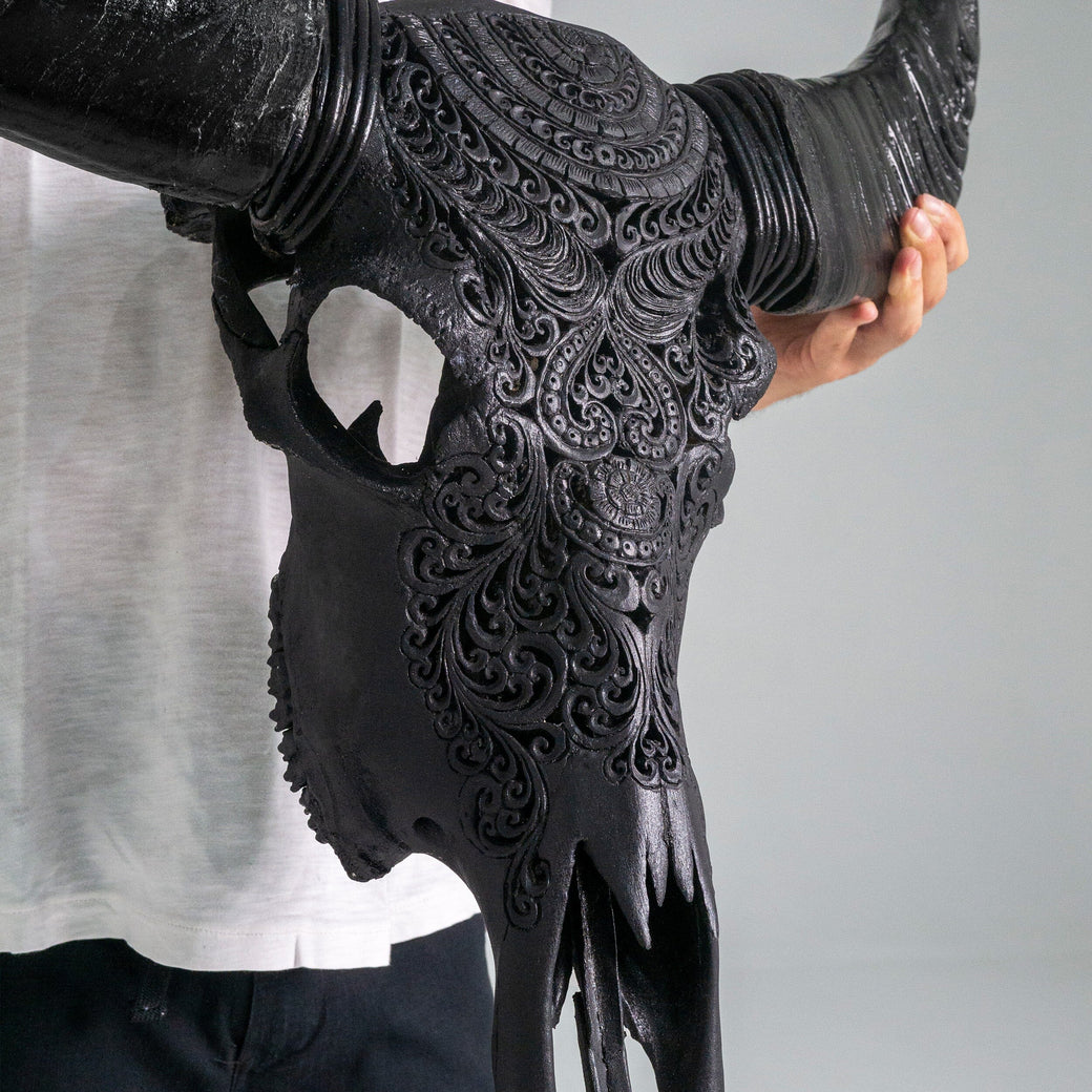 Hand Carved Cow Skull - Matte Black Boho – Skull Bliss