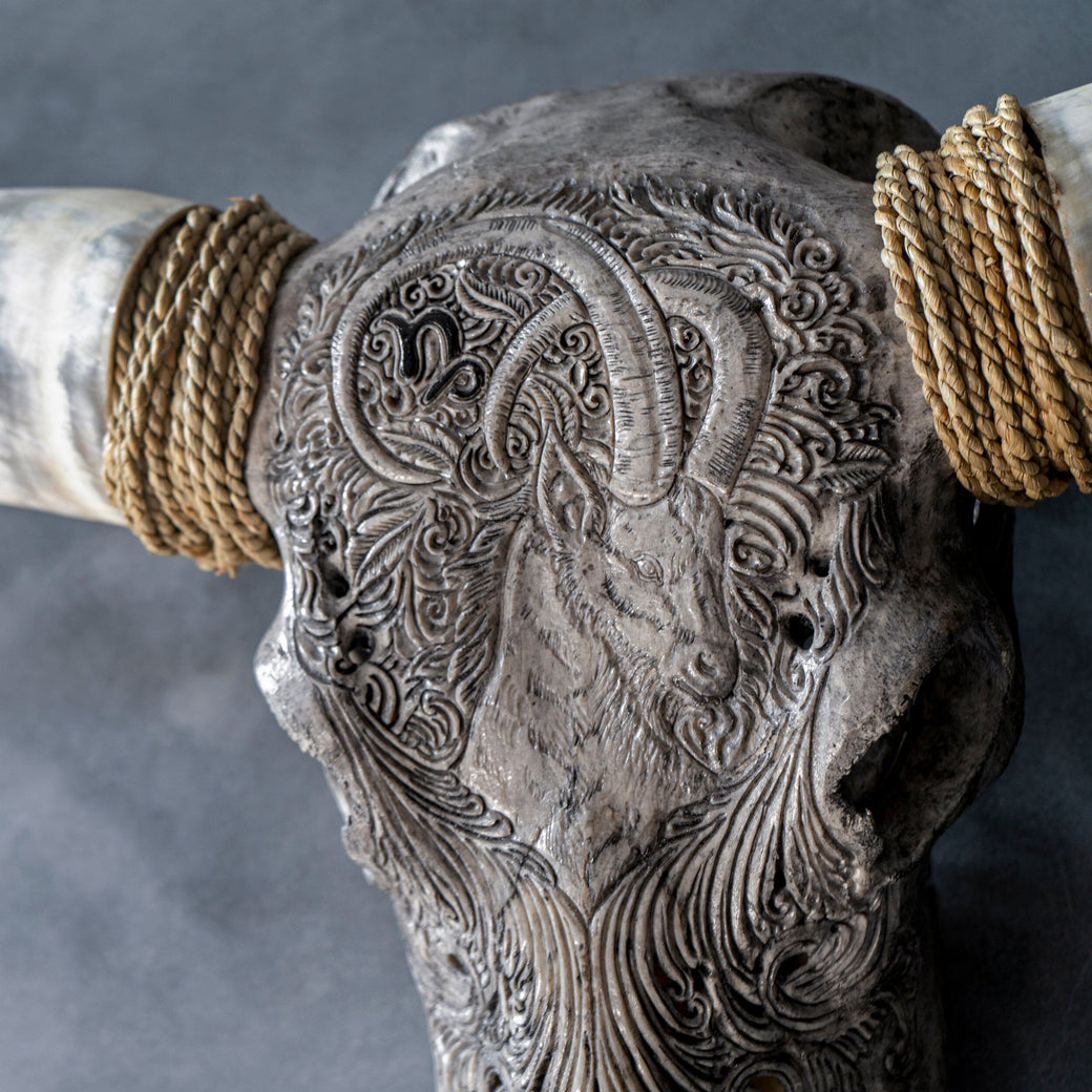Hand Carved Longhorn Skull - Gray Capricorn – Skull Bliss
