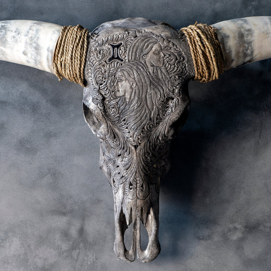 Hand Carved Longhorn Skull - Gray Gemini – Skull Bliss