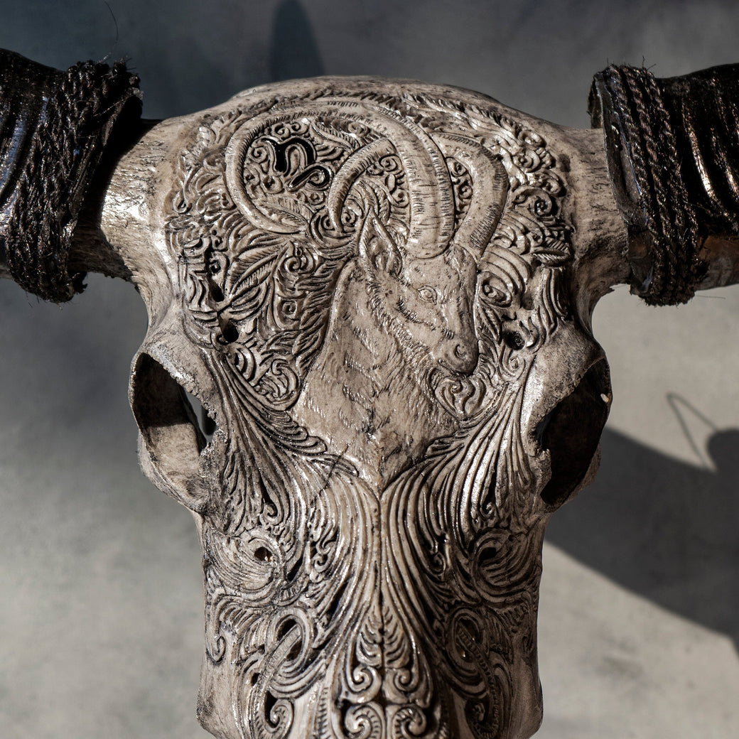 Hand Carved Buffalo Skull - Gray Capricorn – Skull Bliss