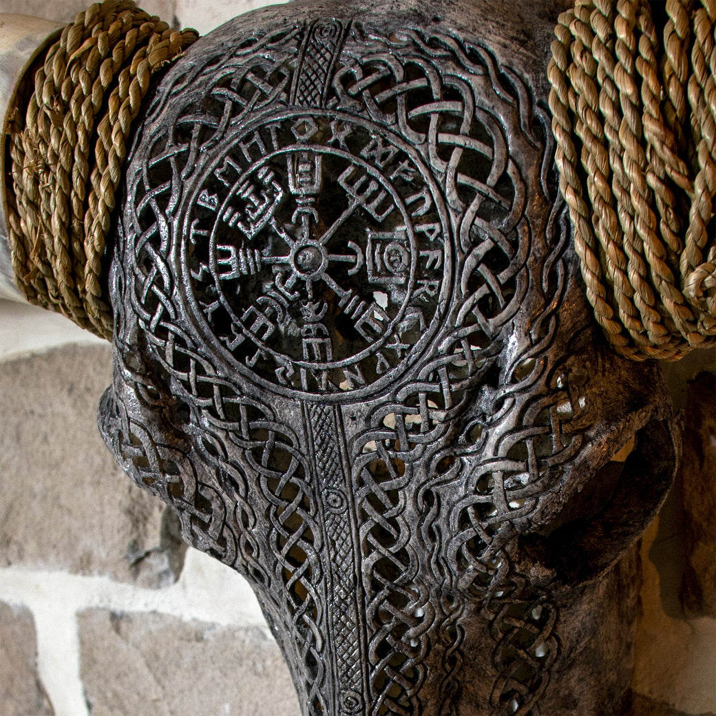 Hand Carved Longhorn Skull - Gray Vegvísir – Skull Bliss
