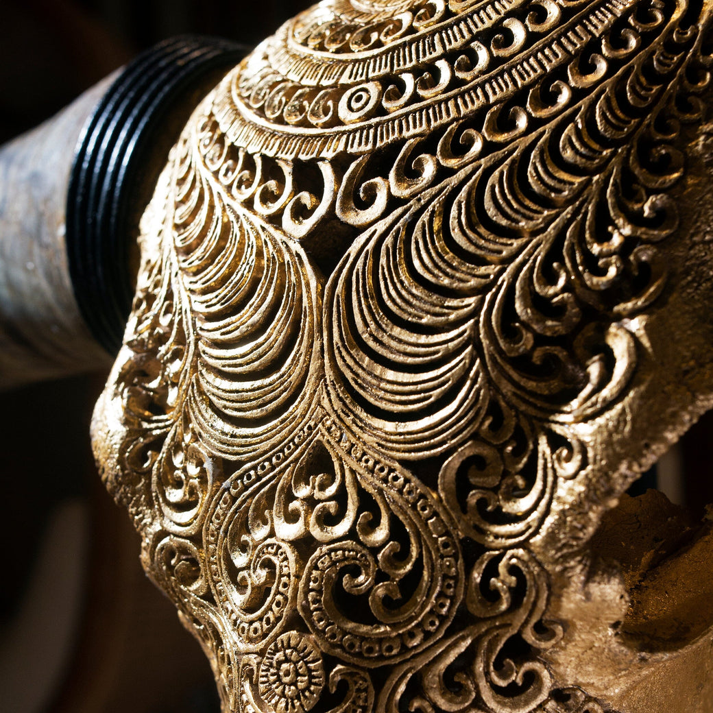 Hand Carved Longhorn Skull - Gold Leaf Boho – Skull Bliss