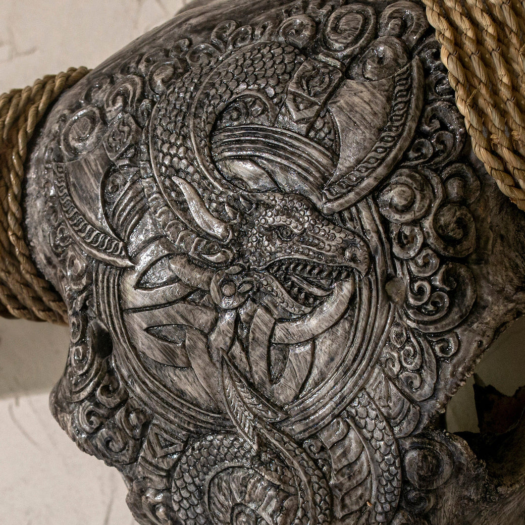 Hand Carved Longhorn Skull - Gray Jormungandr – Skull Bliss