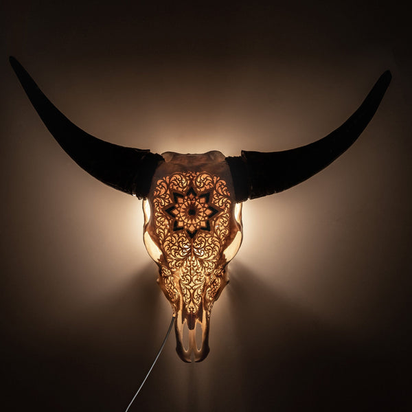 Glowing Mandala Carved Cow Skull // XL Horns | Skull Bliss