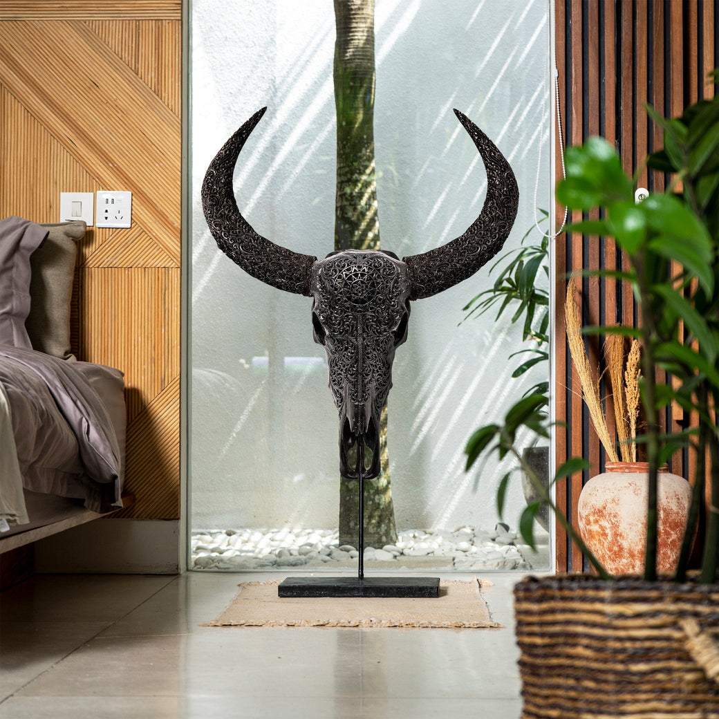 Hand Carved Buffalo Skull - Black Sun – Skull Bliss