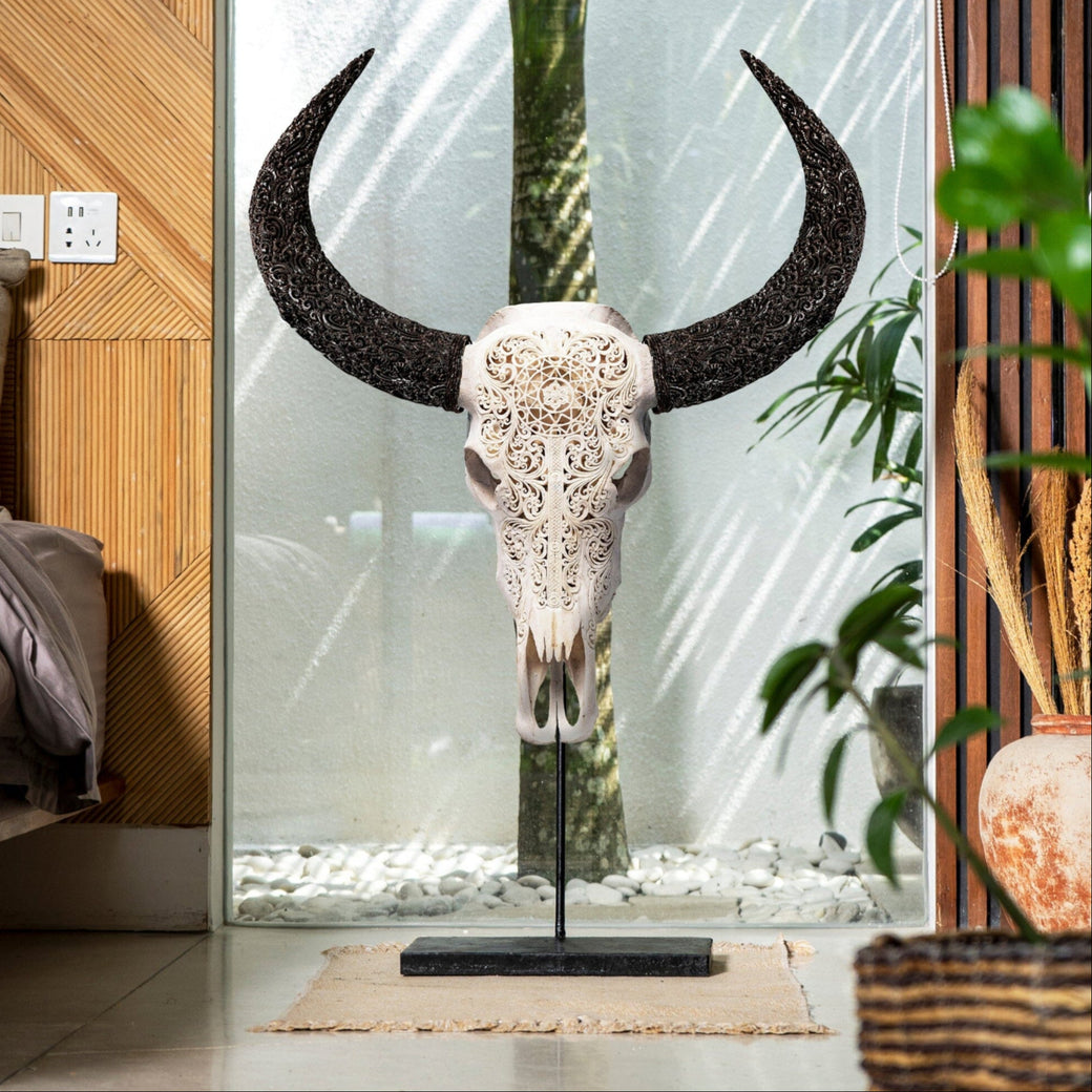 Hand Carved Buffalo Skull - White Sun – Skull Bliss