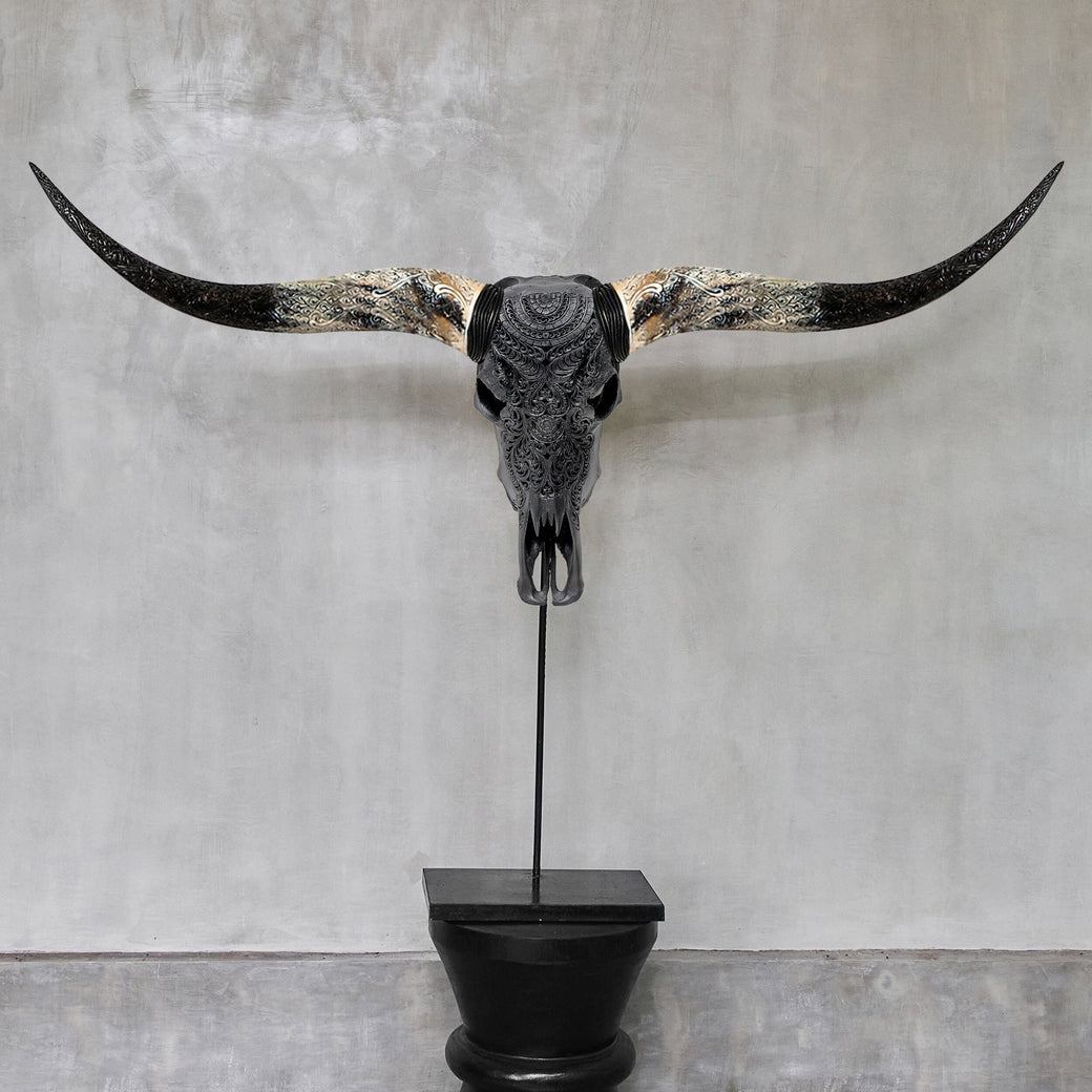Hand Carved Longhorn Skull - Matte Black Boho – Skull Bliss