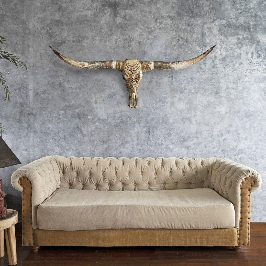 Hand Carved Longhorn Skull - Golden Boho – Skull Bliss