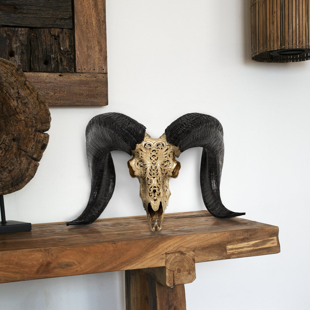 Hand Carved Ram Skull - Golden Phoenix – Skull Bliss