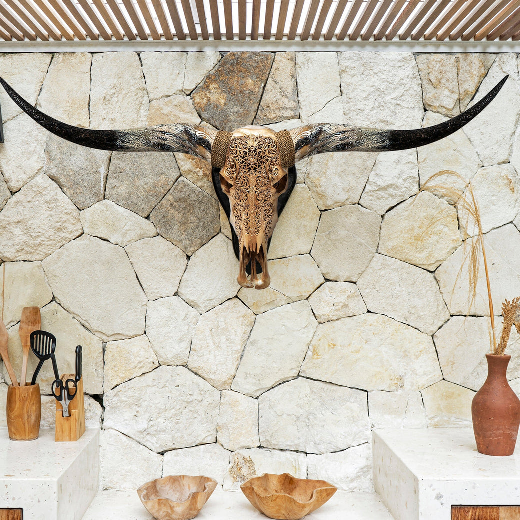 Hand Carved Longhorn Skull - Golden Sun – Skull Bliss