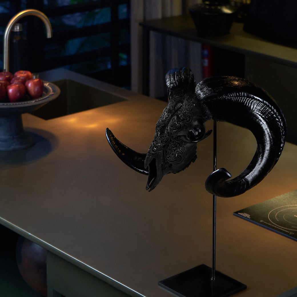 Hand Carved Ram Skull - Mystic Cross // Matte Black Finish – Skull Bliss