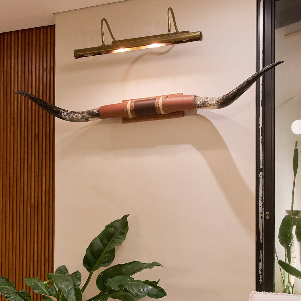 Brown Leather Mount // Carved Longhorns - Wild Hog – Skull Bliss