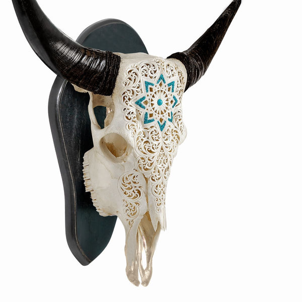Hand Carved Cow Skull - Gray Vegvísir – Skull Bliss